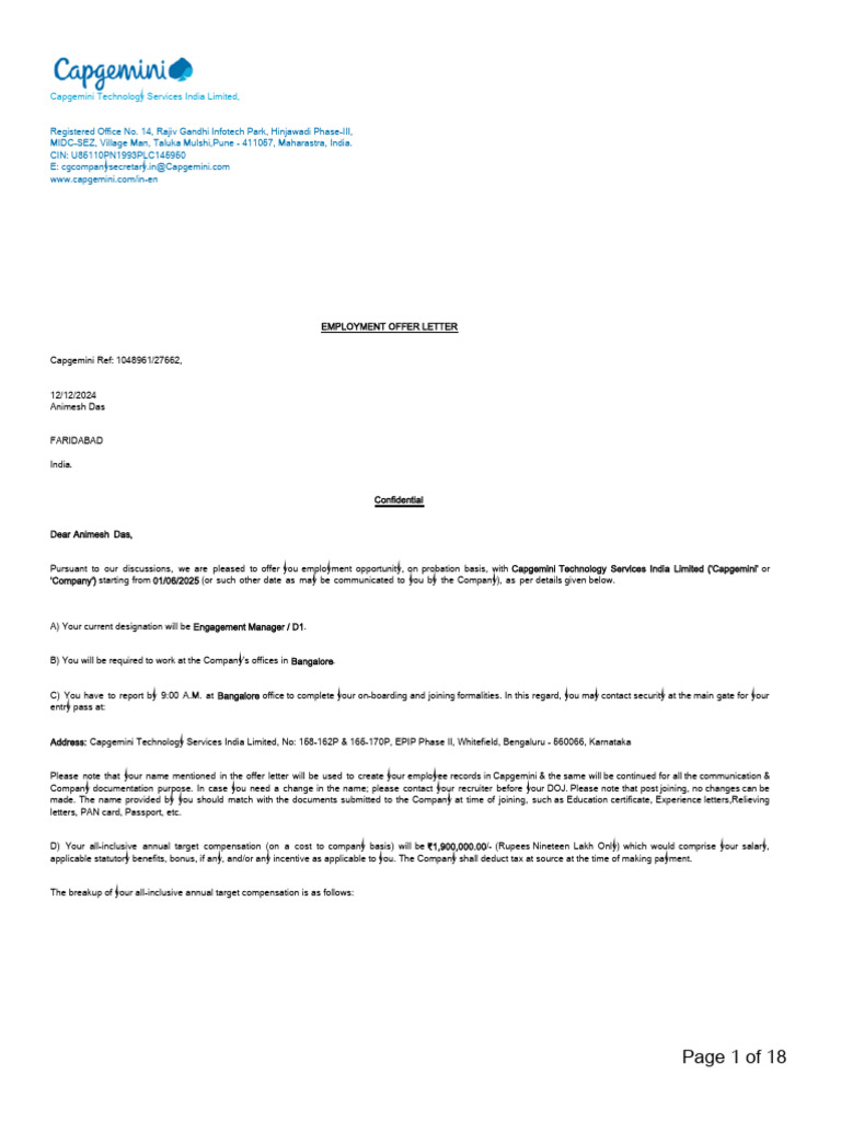 Offer Letter for Engagement Manager | PDF | Tax Deduction | Life Insurance