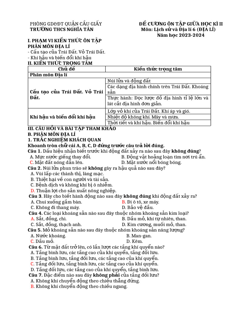 ĐỀ CƯƠNG ÔN TẬP HK2 LS & ĐL 6 (GHKII) | PDF