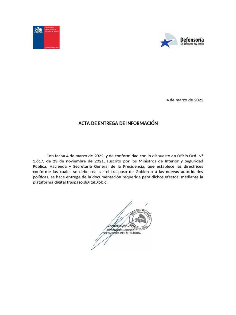 Acta de Entrega de Información DPP | PDF