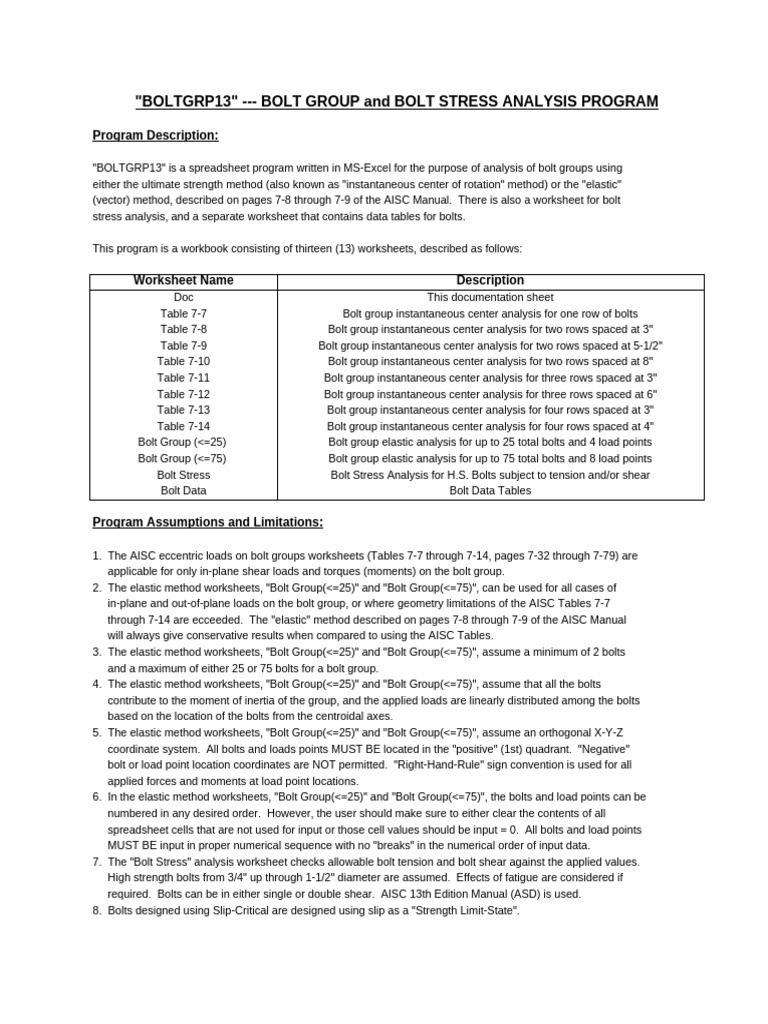 Bolt Group Analysis Program Overview | PDF | Worksheet | Microsoft Excel