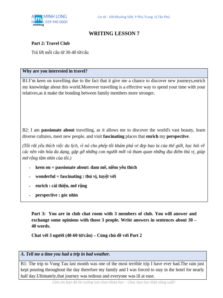 Travel Club Writing Lesson Insights | PDF | Vietnam