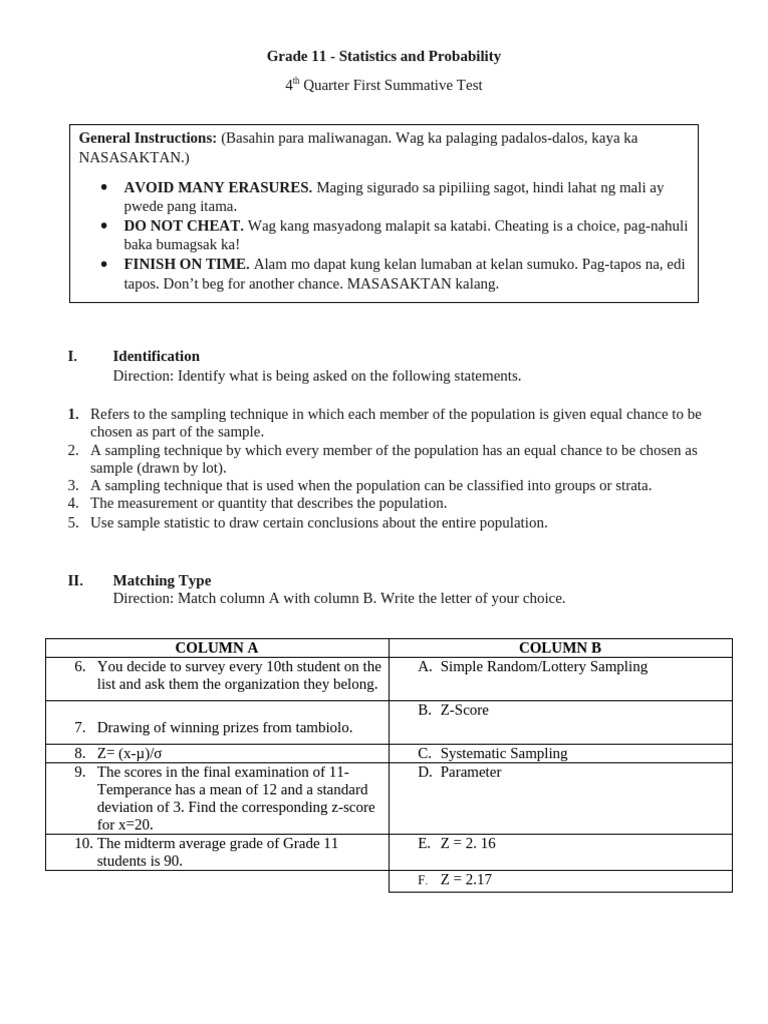 1st Summative Test | PDF | Percentile | Sampling (Statistics)