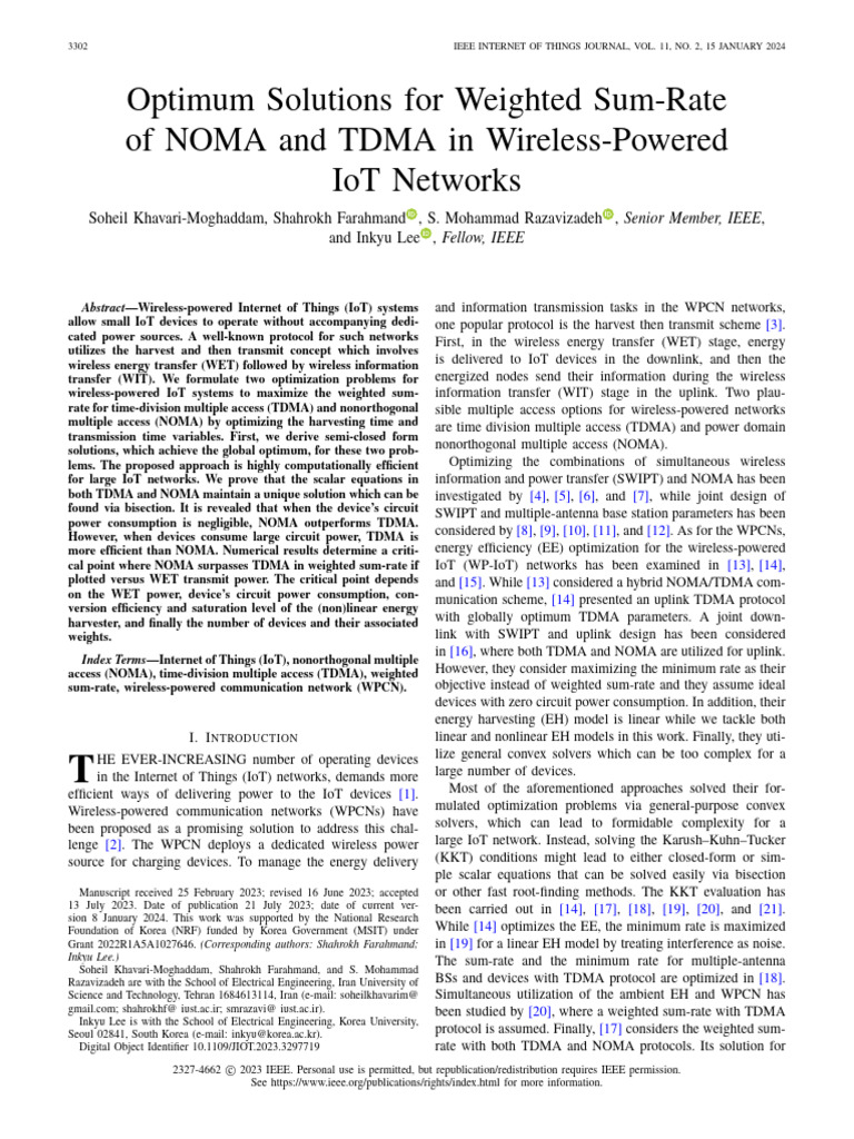 Optimum Solutions For Weighted Sum-Rate of NOMA and TDMA in Wireless-Powered IoT Networks | PDF ...