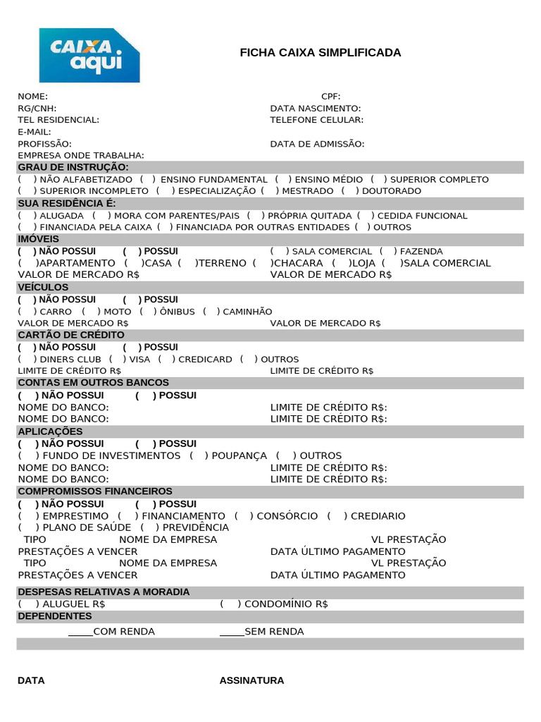 1 Ficha Caixa Aqui Simplificada - Editável | PDF