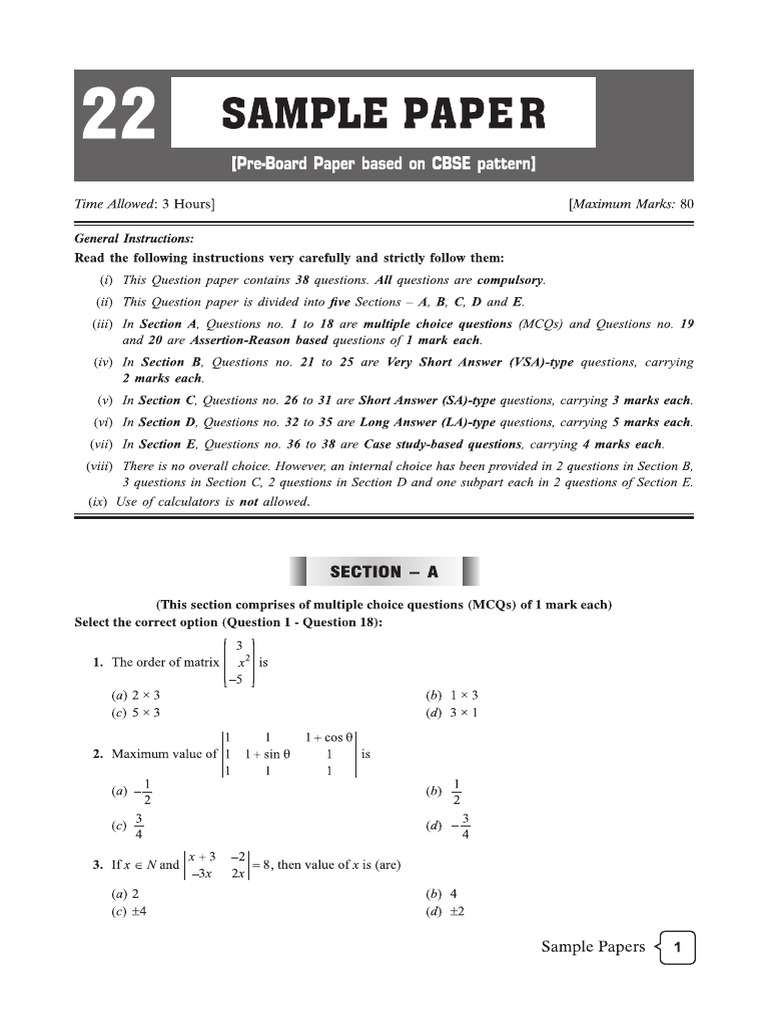 Cbse Cl12 Ead Mathematics Pre-board Paper 22 | PDF