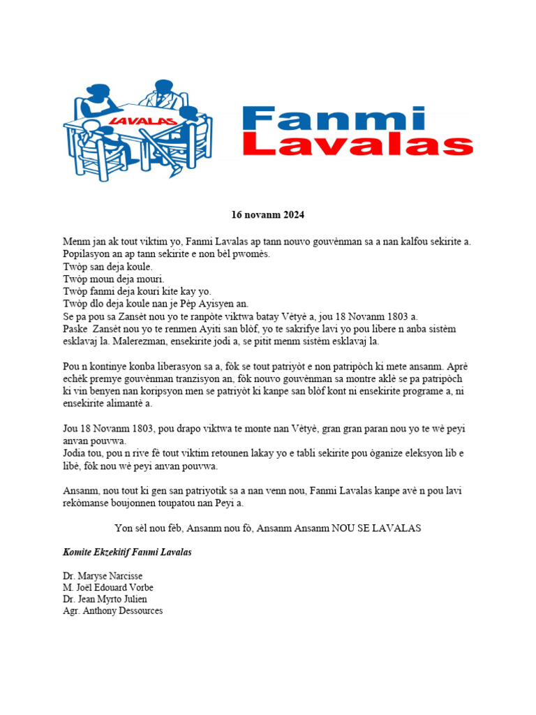 Fanmi Lavalas - Pozisyon-16 Novanm 2024 | PDF