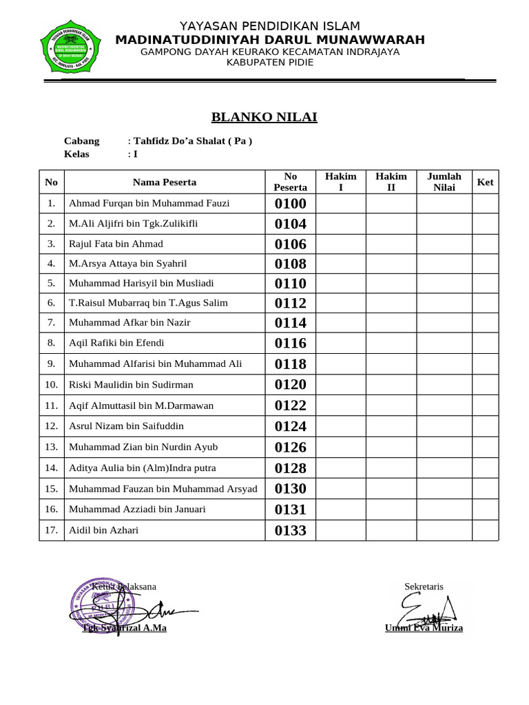 Blanko Nilai Klas I | PDF