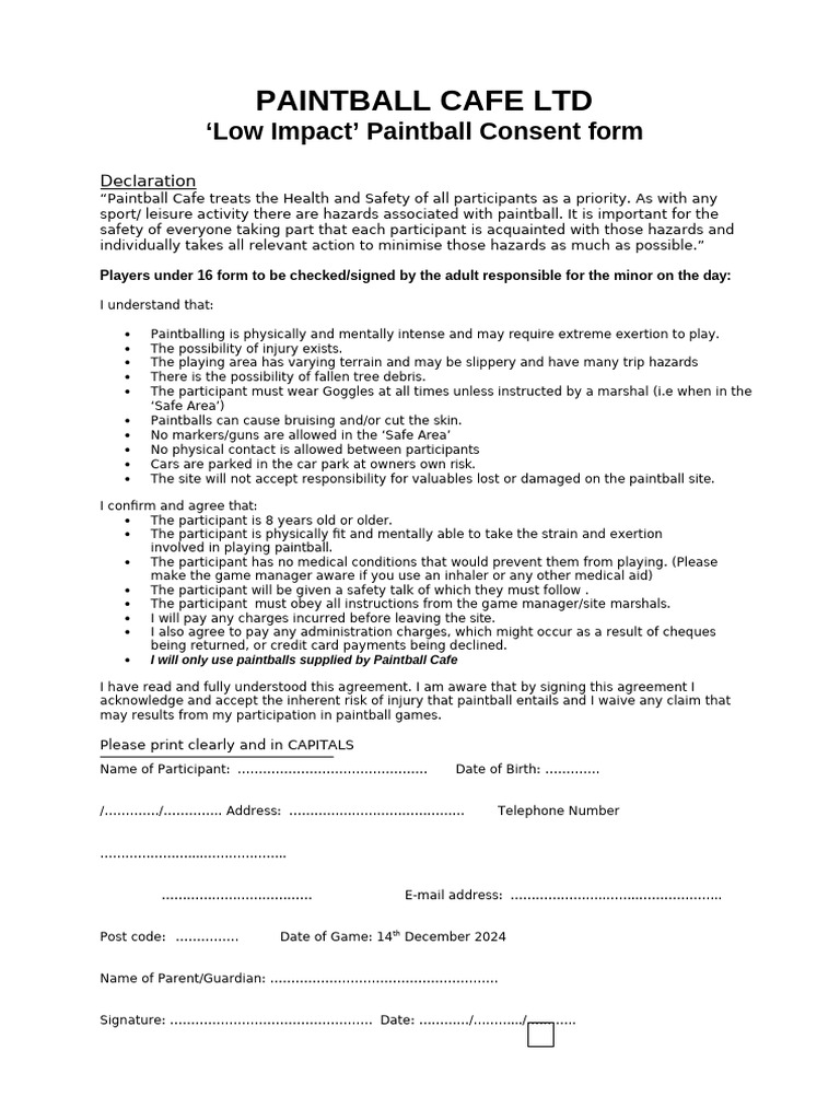 Paintball Consent Updated | PDF | Hazards | Safety