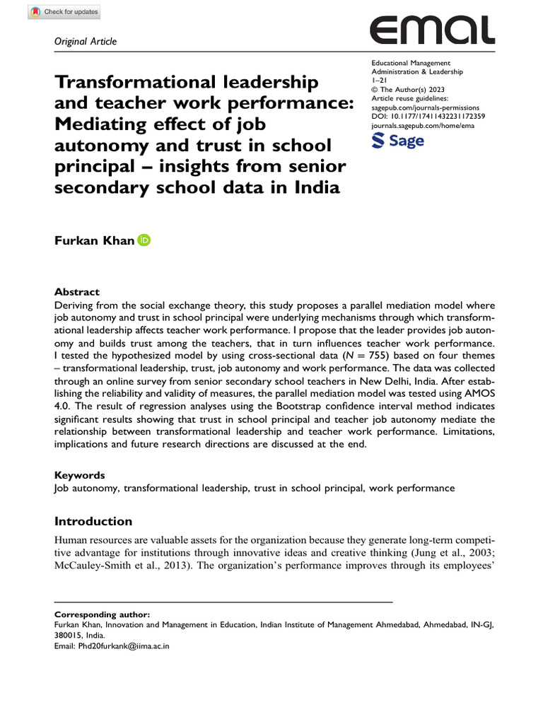 khan-2023-transformational-leadership-and-teacher-work-performance-mediating-effect-of-job ...