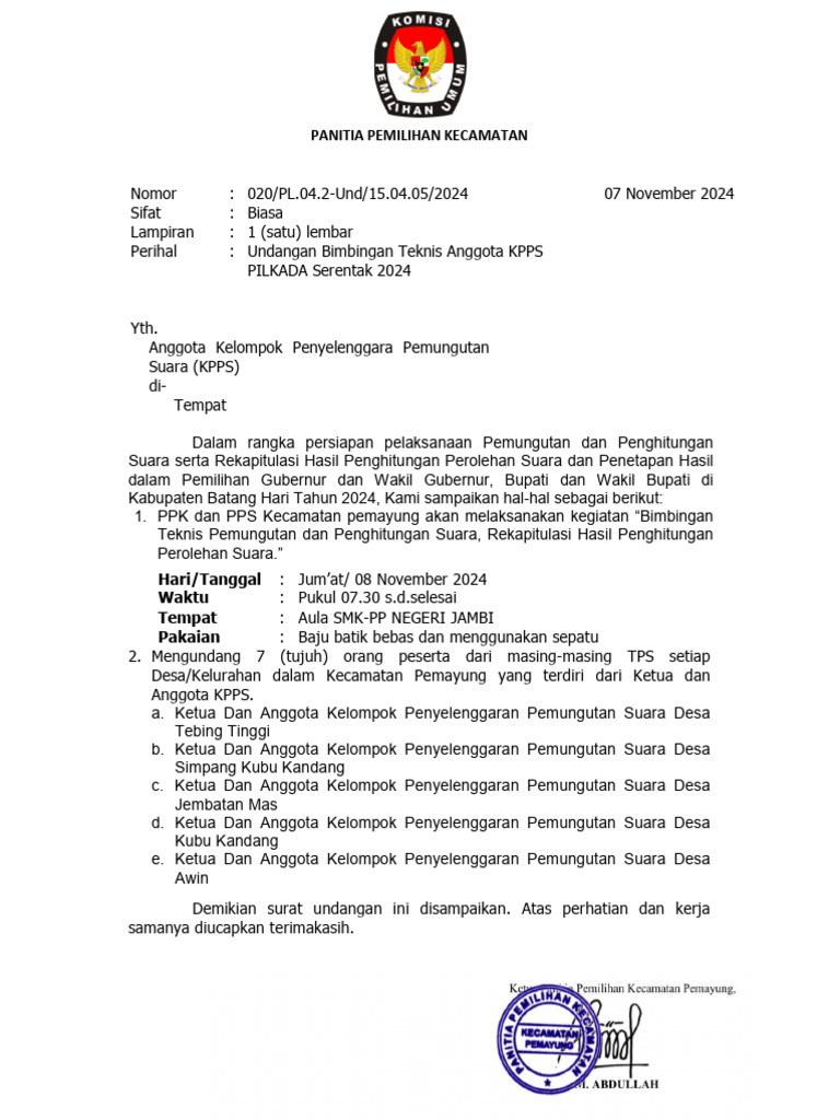 Undangan Bimbingan Teknis KPPS | PDF