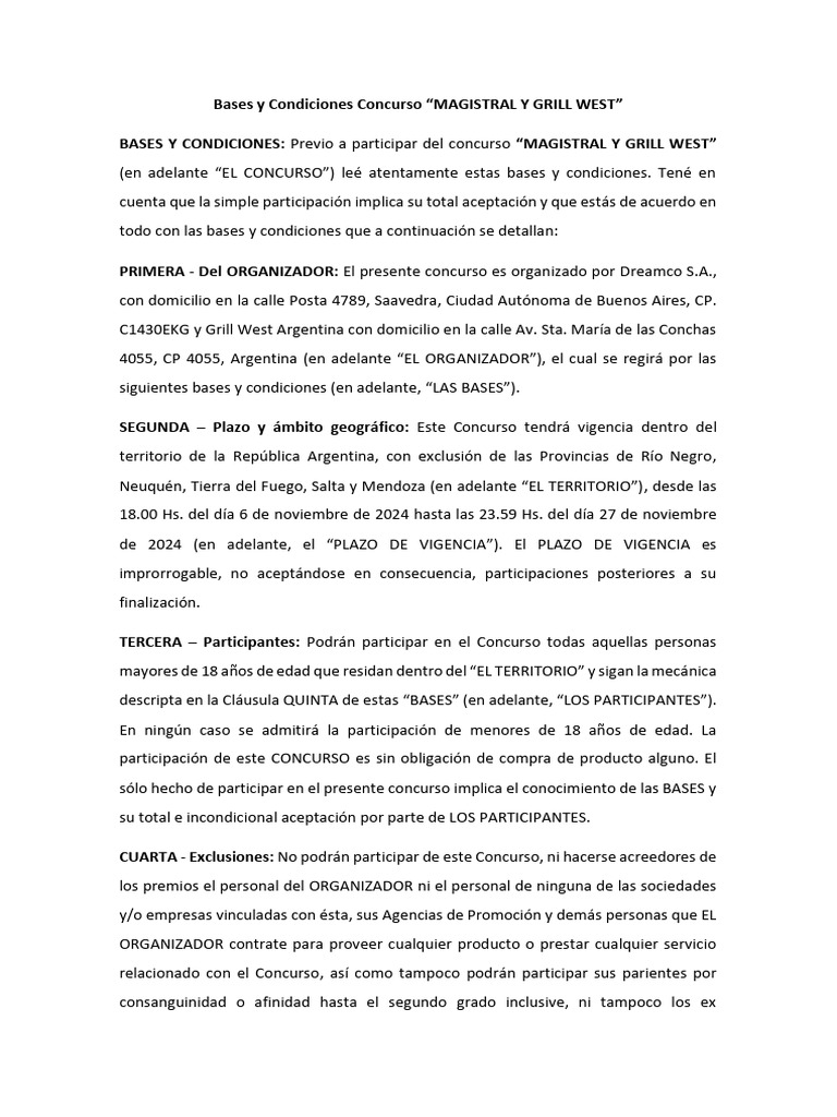 Bases y Condiciones Sorteo MAGISTRAL y GRILL WEST | PDF | Televisión | Vídeo
