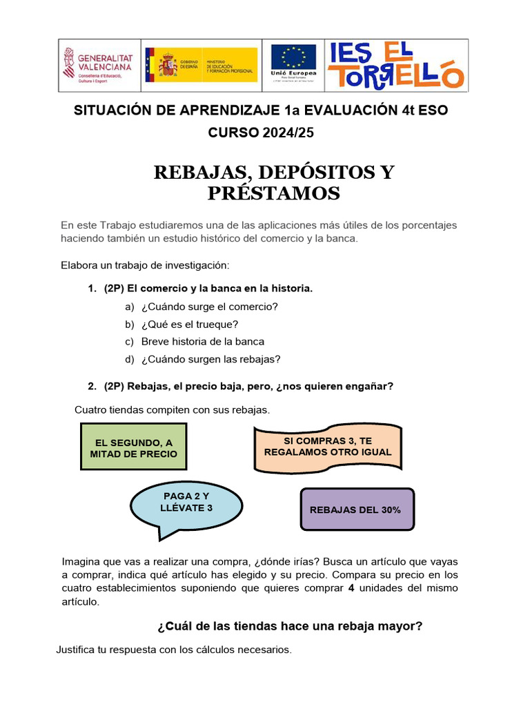 1ava 4 Eso Prestamos - 2024 - 25 | PDF | Interés | Bancos