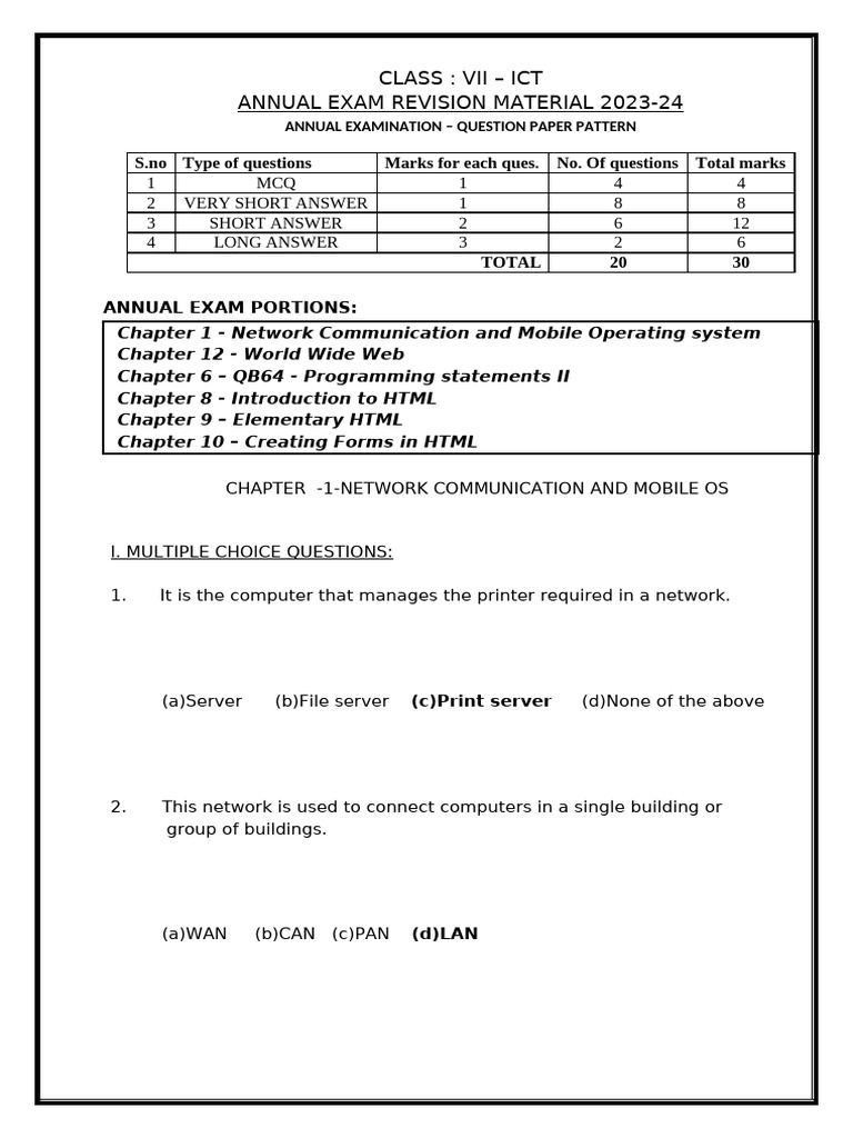ICT Class VII Exam Revision Guide 2023-24 | PDF | Computer Network ...