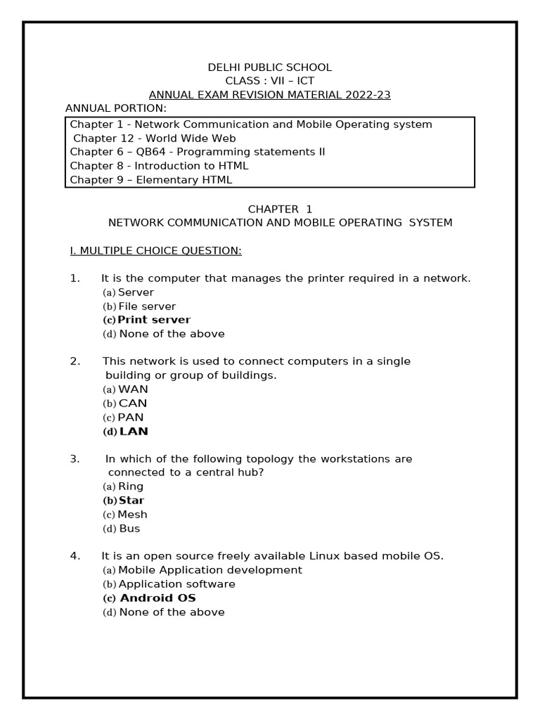 Class Vii Ict Annual Examrevision Questions | PDF | Computer Network ...