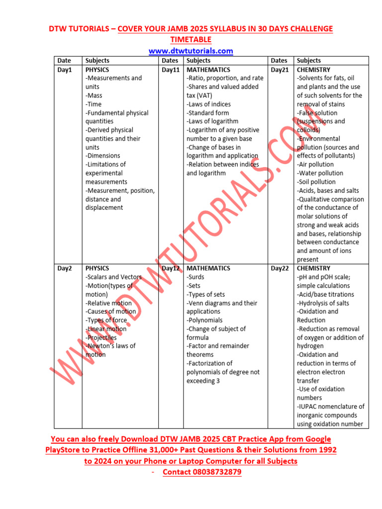 Phy-chem-math-Eng - Jamb 30 Days Timetable Challenge by DTW Tutorials ...
