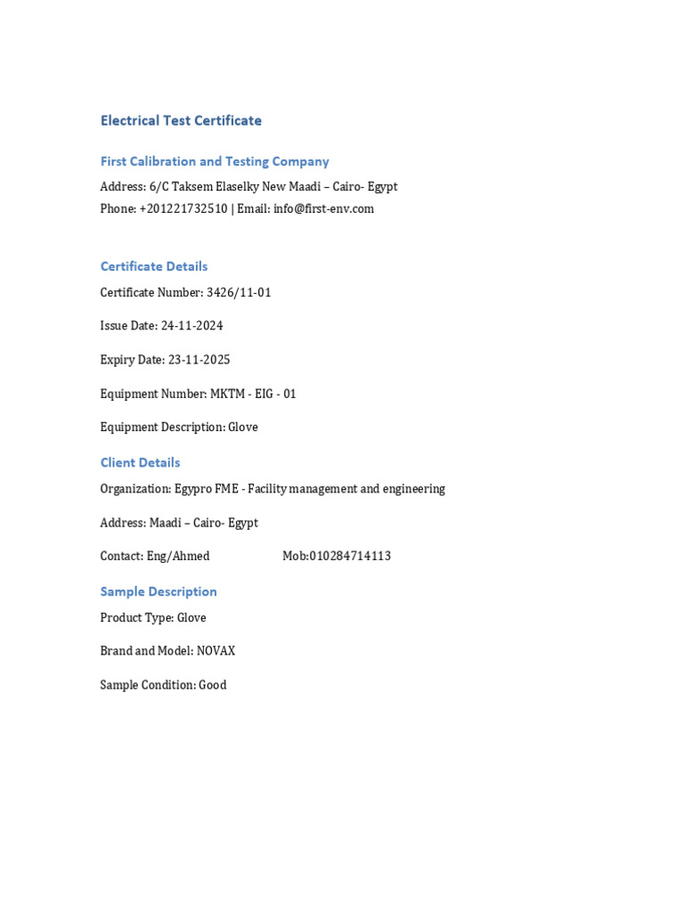 Electrical Insulation Test Certificate | PDF