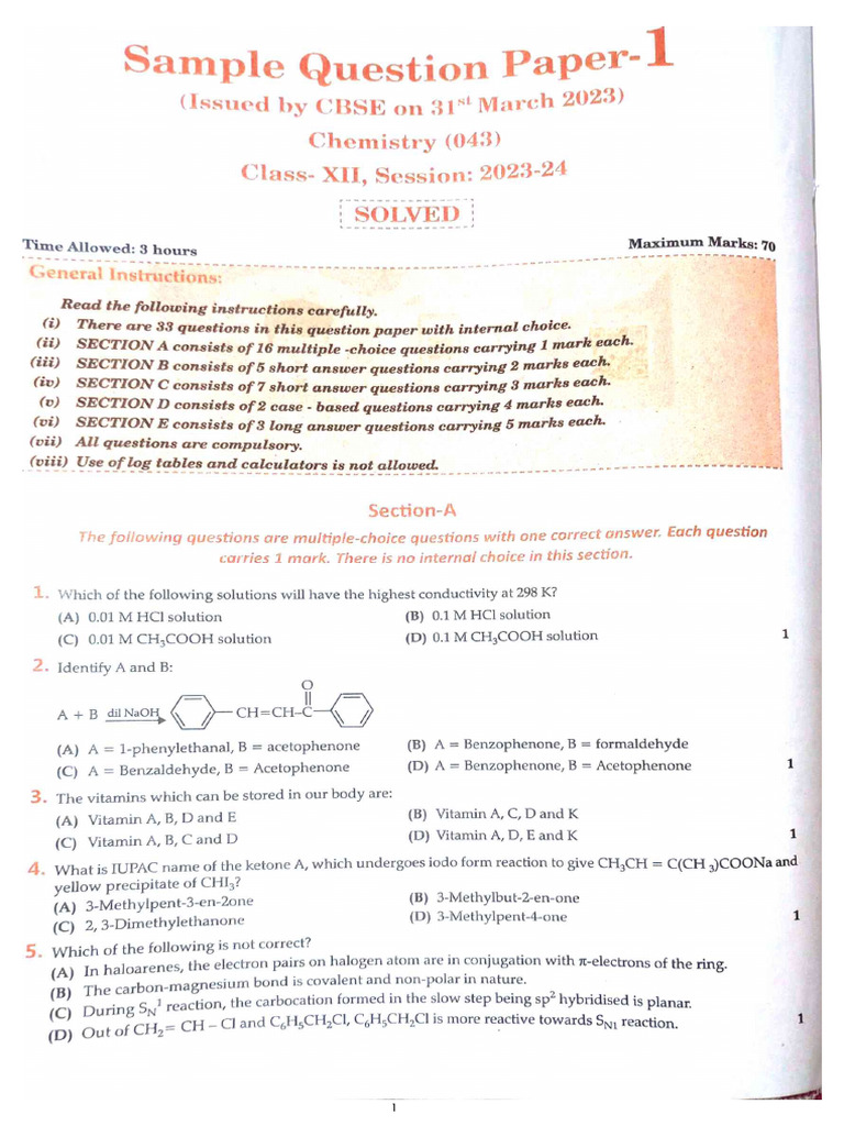 XII Chemistry Paper 1 | PDF