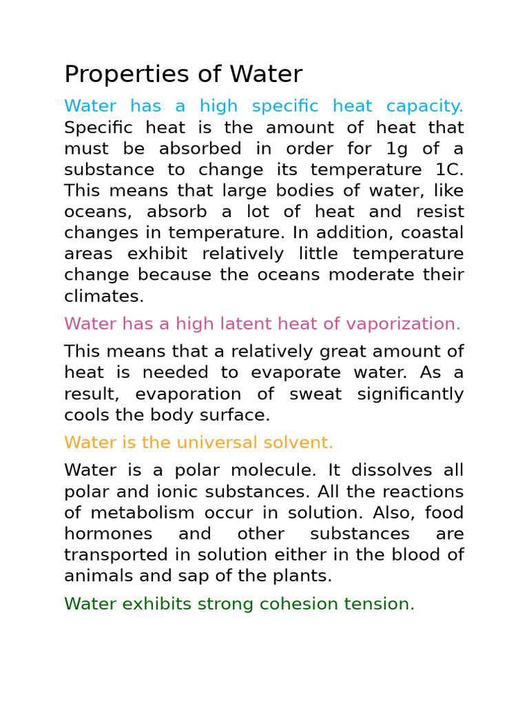 Properties of Water (Biology) 10 Marks | PDF
