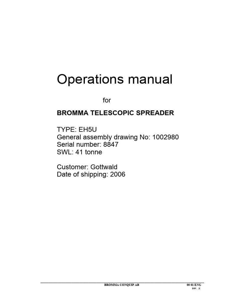 Bromma EH5U Spreader Operations Manual | PDF | Pump | Valve