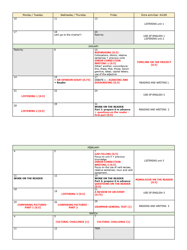 Calendar 1st D | PDF | English Language | Verb