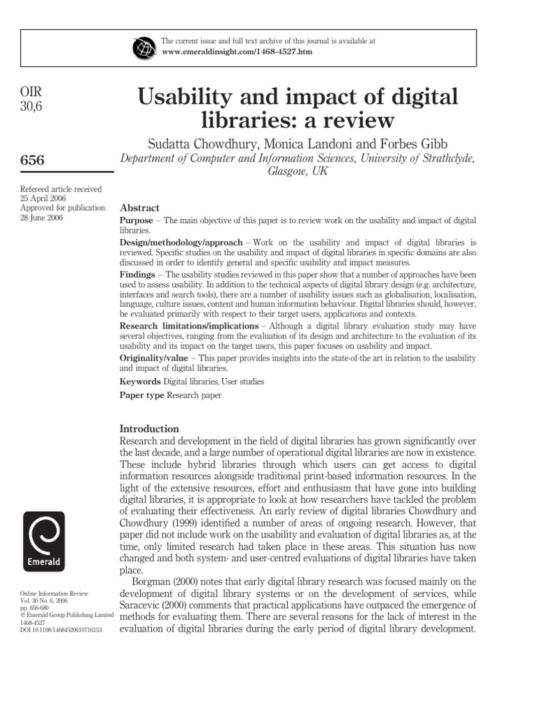 Usability and Impact of Digital Libraries: A Review | PDF | Usability | Evaluation