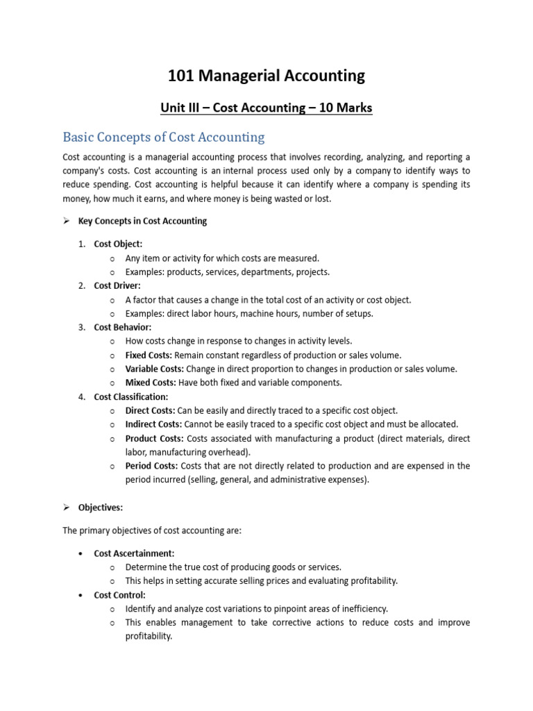 Notes - 101 Managerial Accounting - Unit III - Cost Accounting | PDF ...