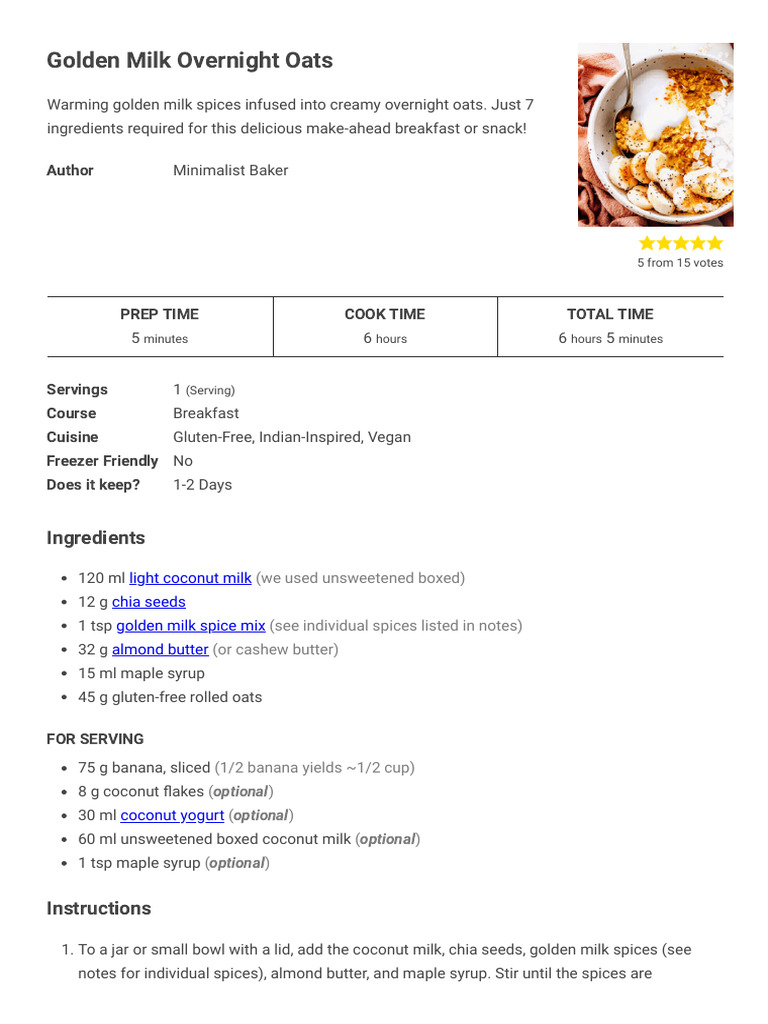 Golden Milk Overnight Oats Recipe | PDF | Fat | Milk