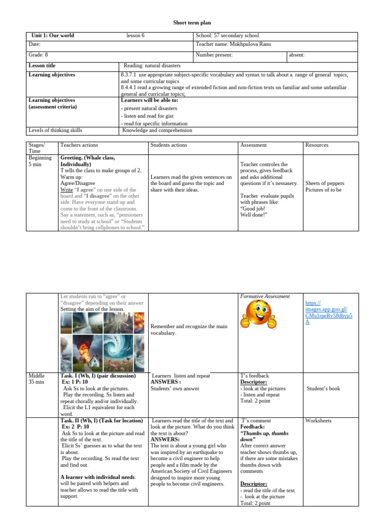 Lesson Plan on Natural Disasters | PDF | Learning | Human Communication