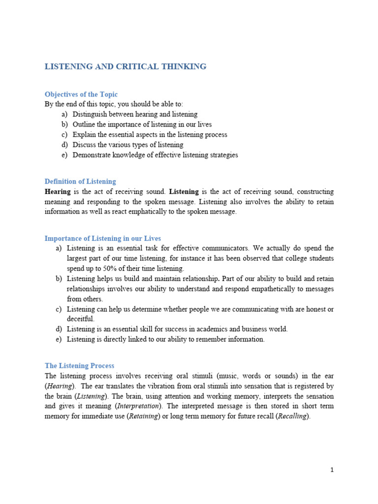 Listening and Critical Thinking | PDF | Memory | Attention