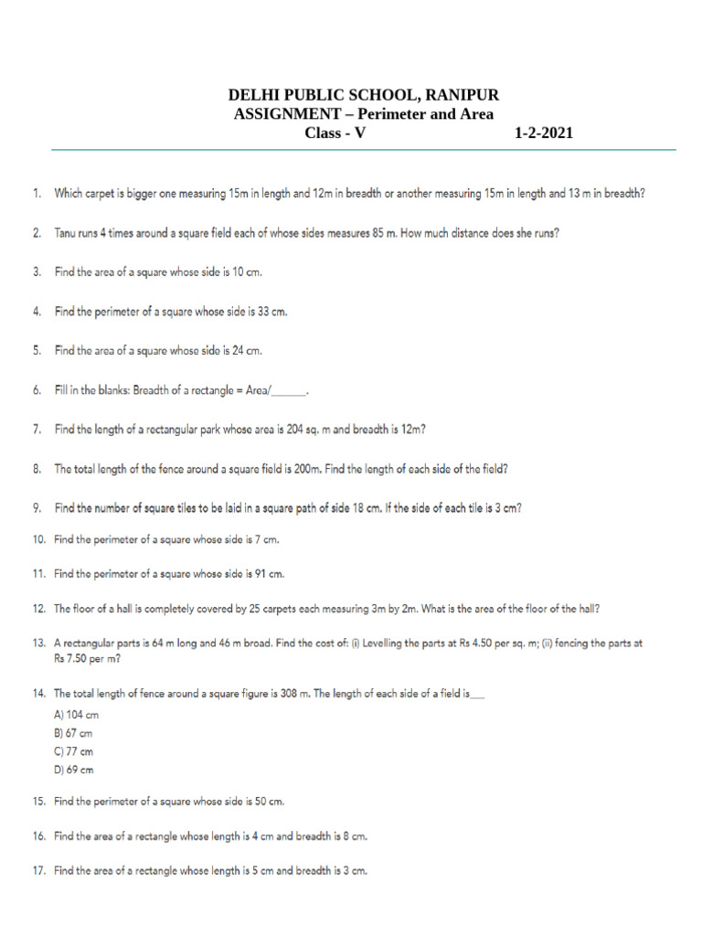 Assignment Area and Perimeter Class V | PDF