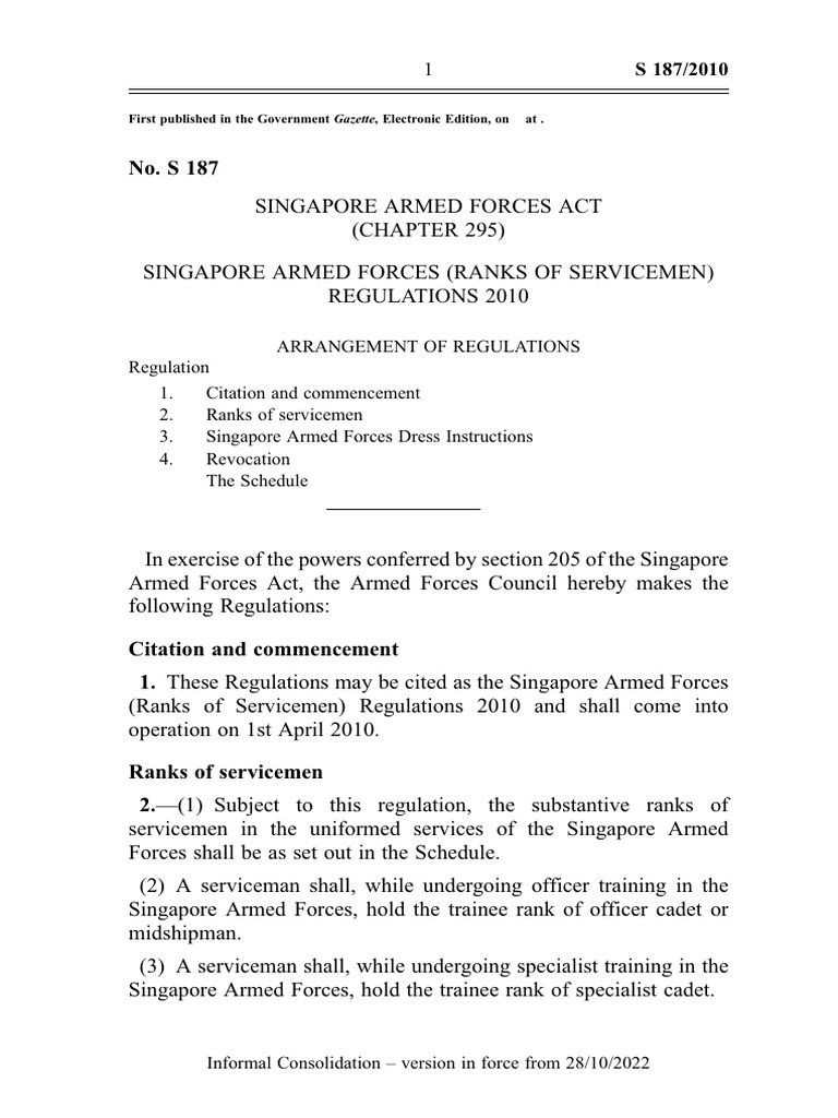Singapore Armed Forces (Ranks of Servicemen) Regul | PDF | Military ...