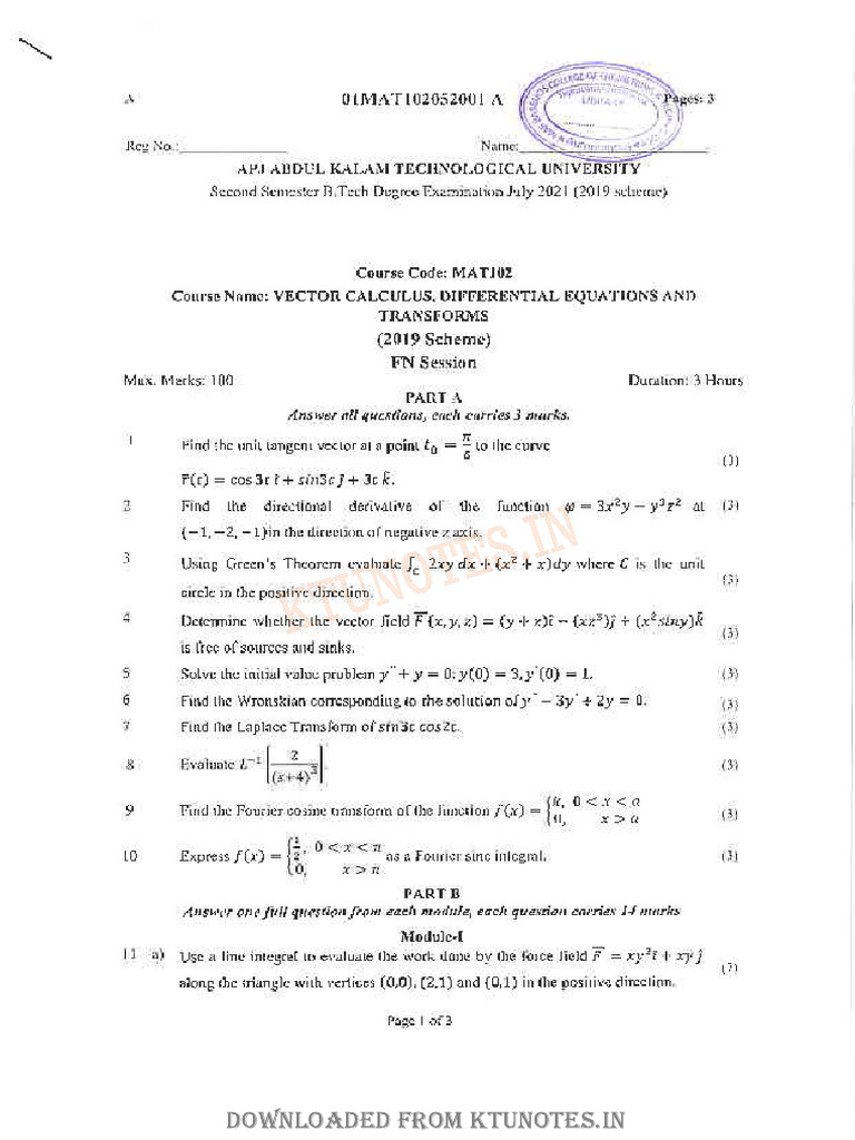 Mat102 B.tech s2 FN Sessionvector Calculusdifferential Equation and Transforms 2019 SCH July ...