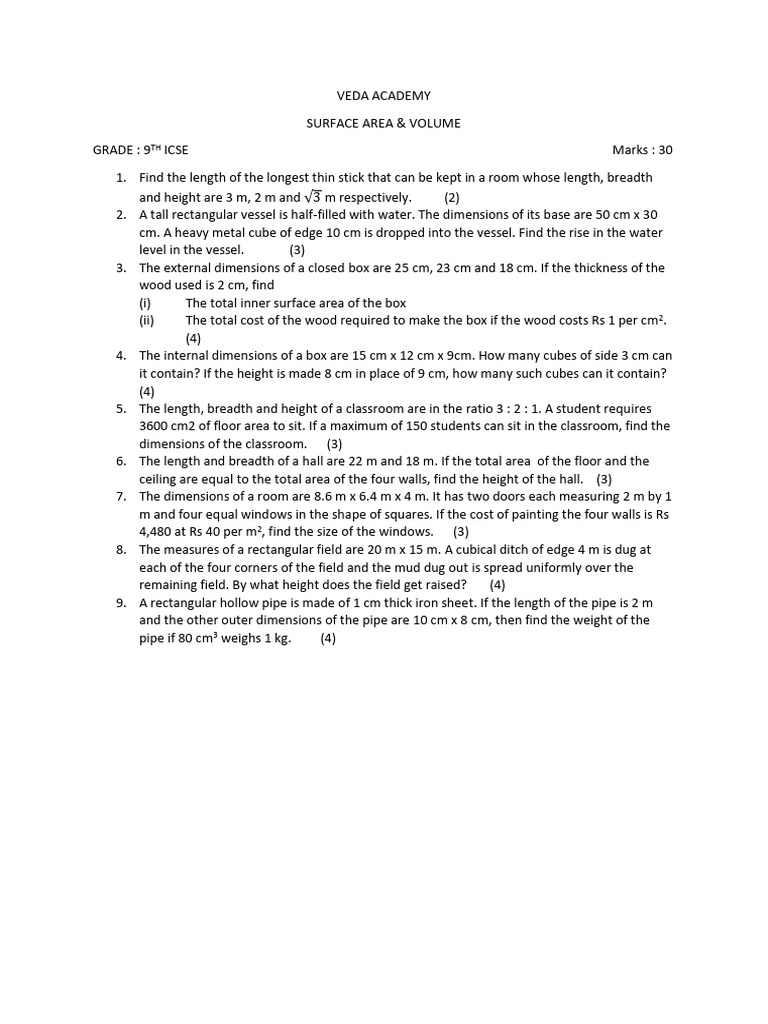 9th ICSE Surface Area & Volume Test | PDF