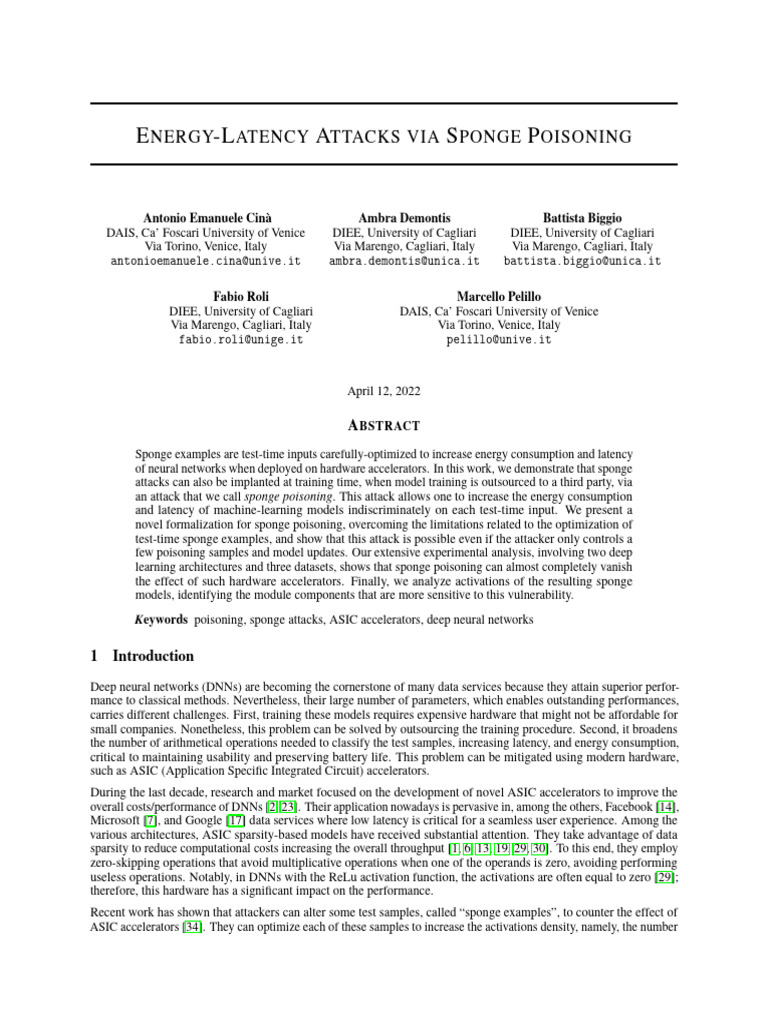 Energy-Latency Attacks Via Sponge Poisoning | PDF | Deep Learning ...
