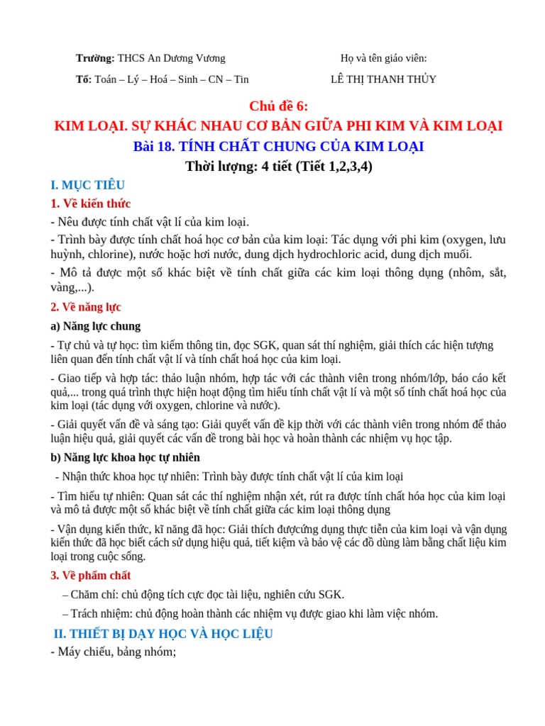 h9 - Tuan 1,2,3- Tiết 1,2,3,4- Bài 18. Tính Chất Chung Của Kim Loại .Docx | PDF