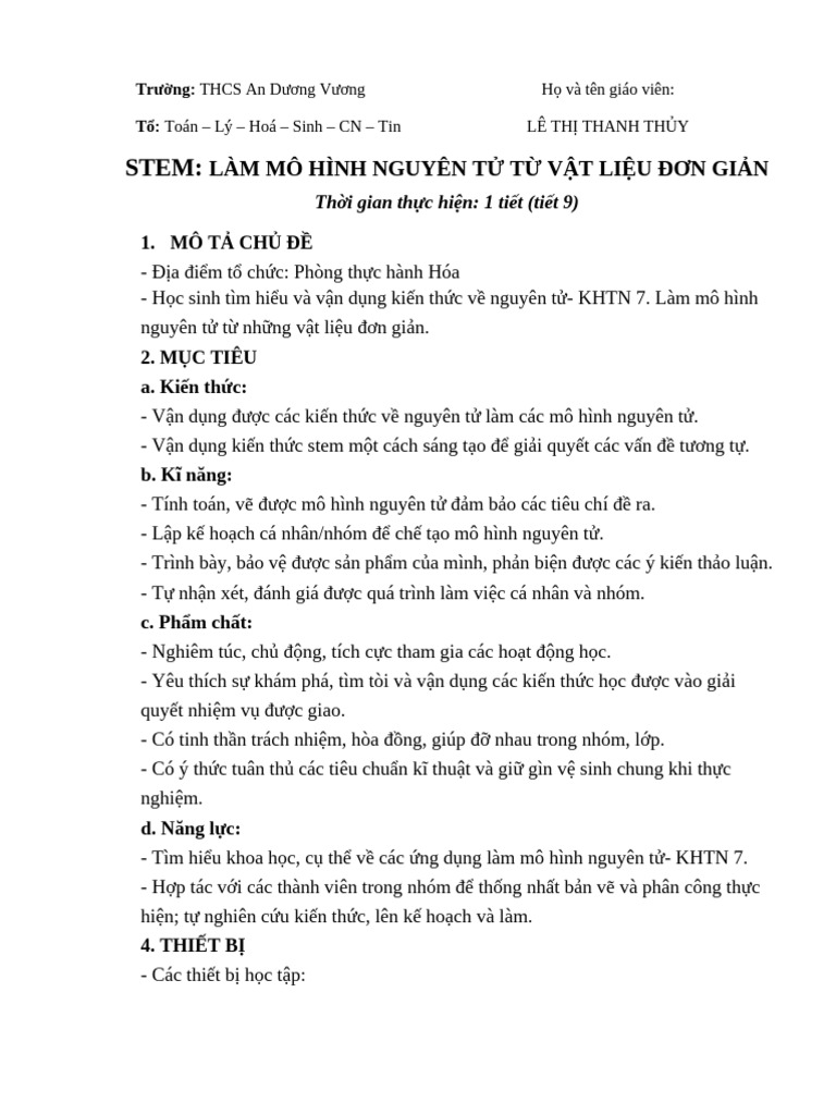 H7- Tuan 9- Tiet 9- STEM LÀM MÔ HÌNH NGUYÊN TỬ TỪ NHỮNG VẬT LIỆU ĐƠN ...