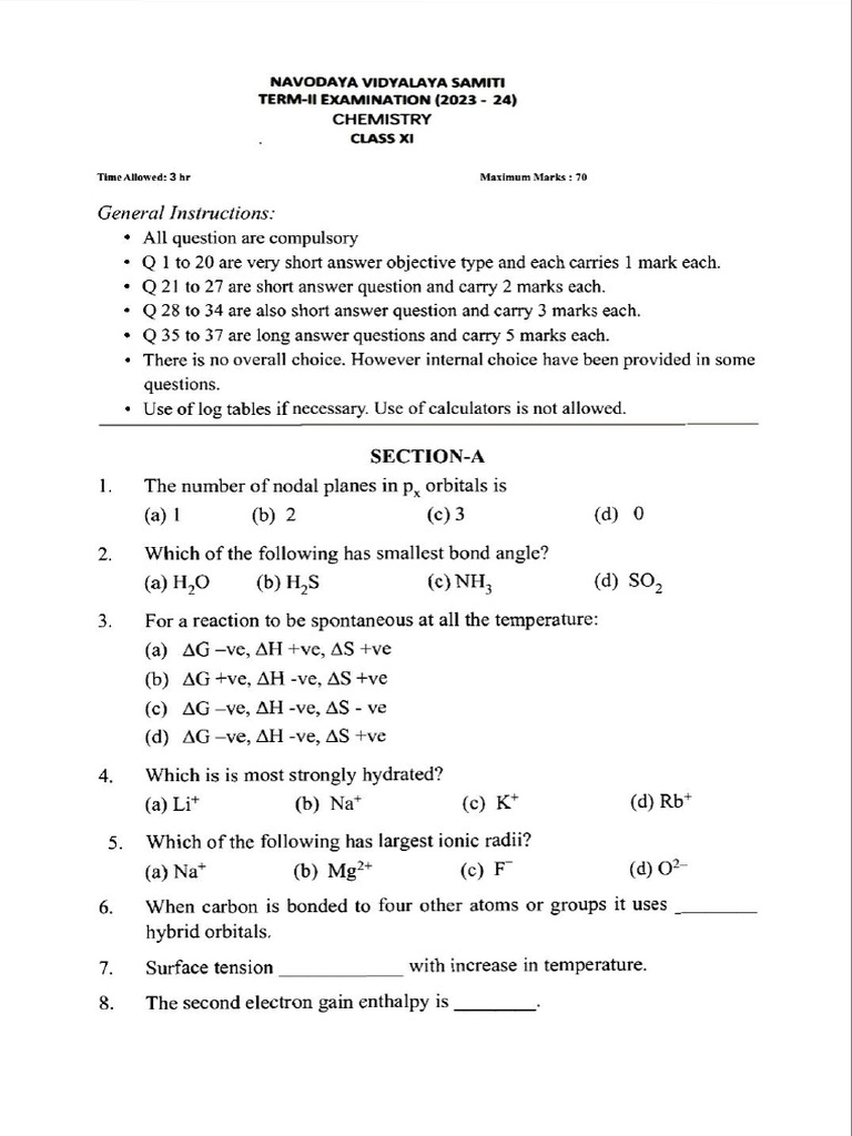 Navodaya Vidyalaya Samiti Term Ii Examination 2023 24 Chemsitry | PDF