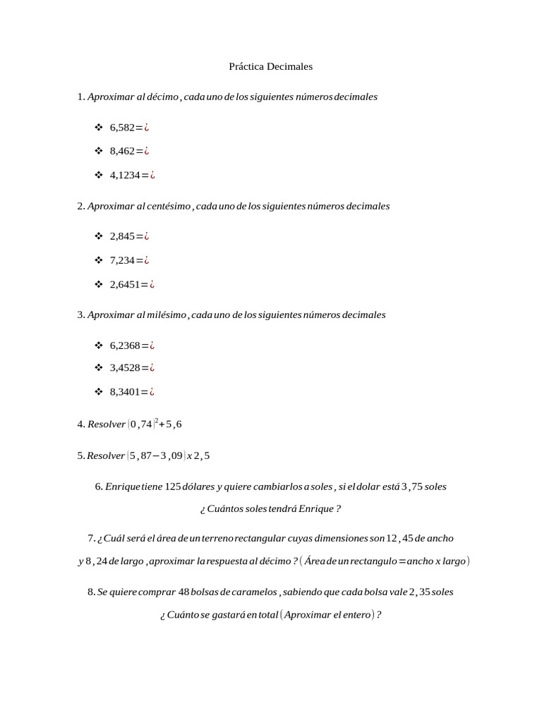 Práctica Clase Decimales | PDF