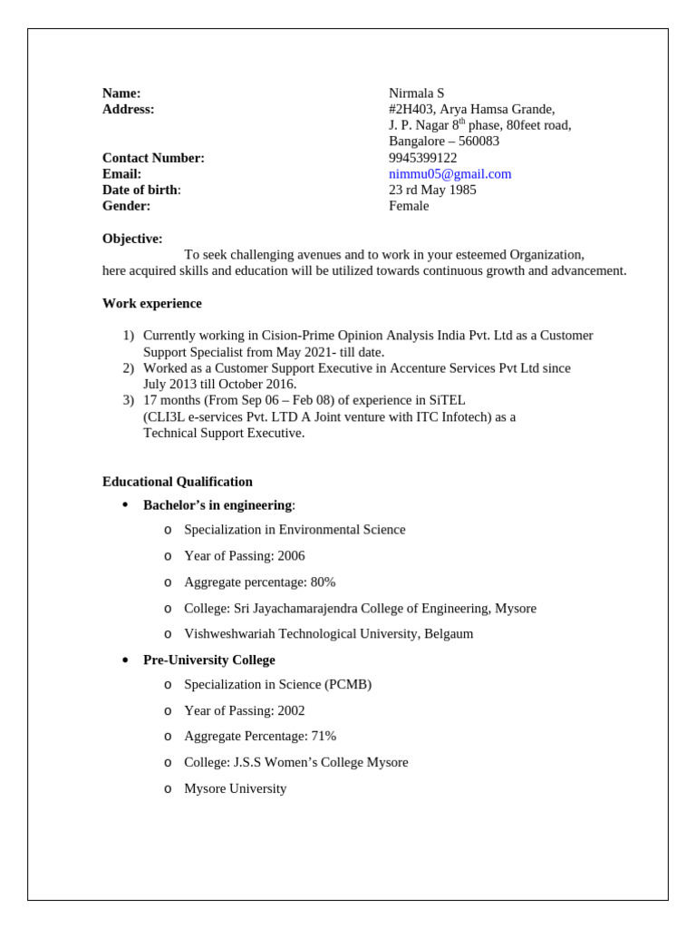 Nirmala Resume (1) | PDF | Cognitive Science | Cognition