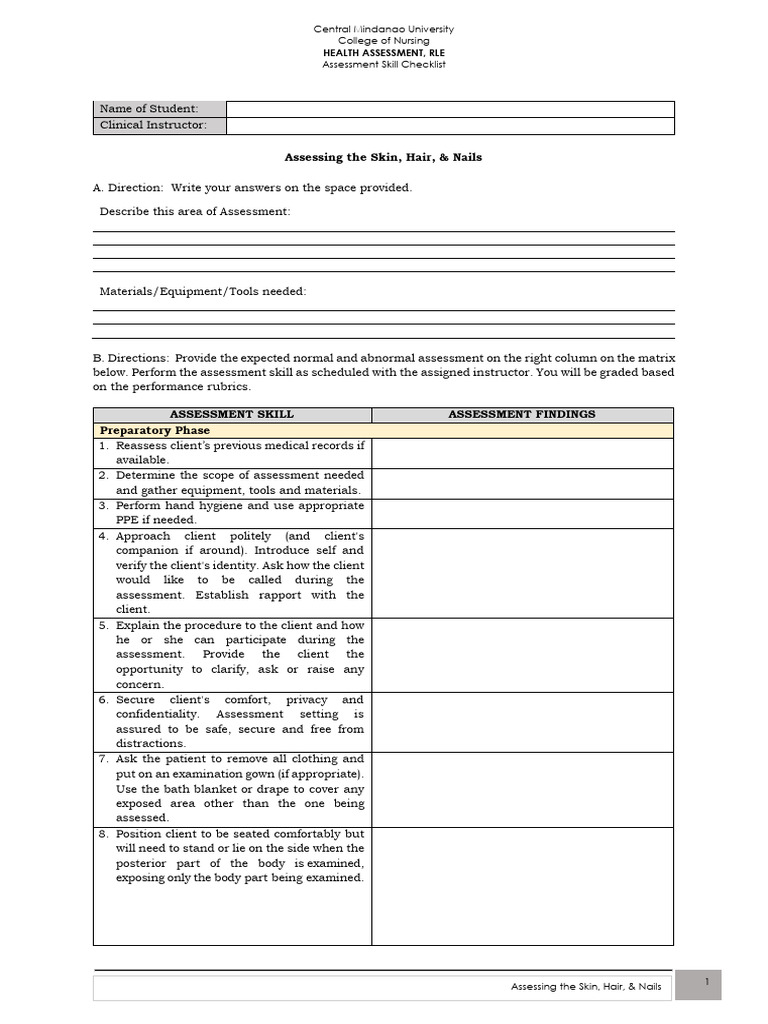 Skin, Hair, and Nails Assessment Guide | PDF | Nail (Anatomy) | Edema