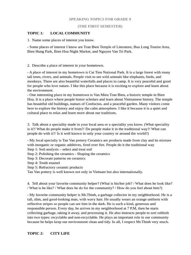 Grade 9 Speaking Topics Guide | PDF