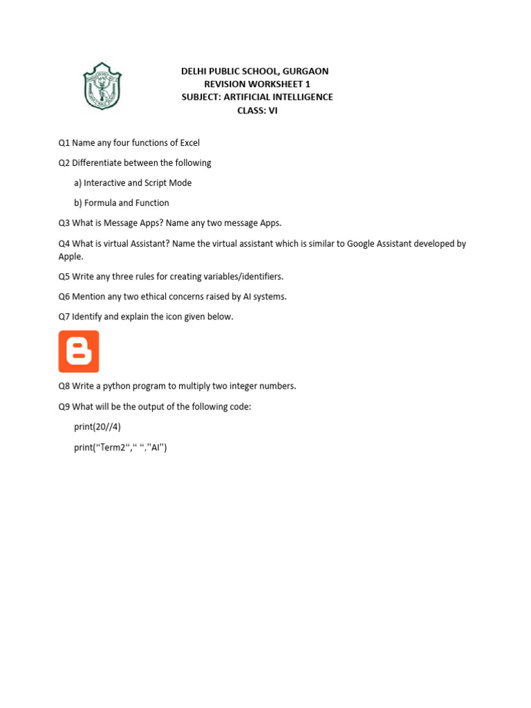 AI Revision Worksheet for Class VI | PDF