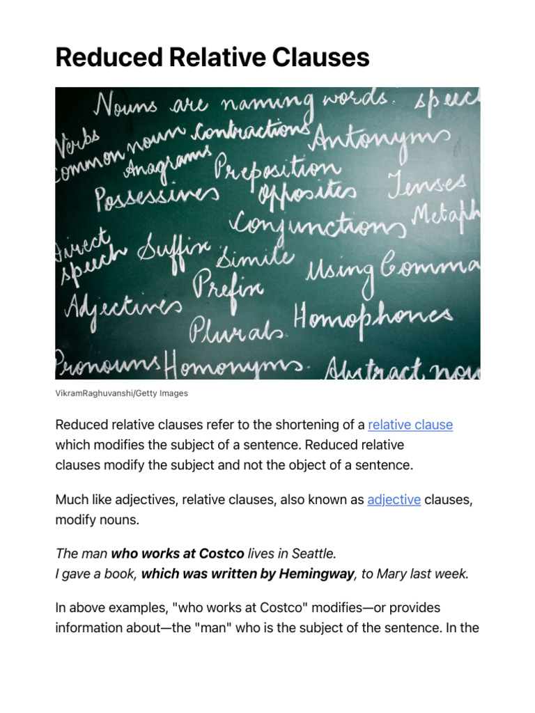 Types of Reduced Relative Clauses | PDF | Verb | Adjective