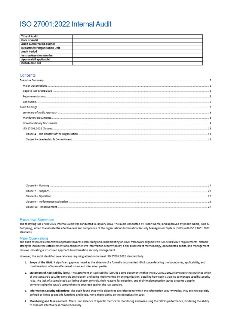 ISO 27001:2022 Internal Audit Report | PDF | Information Security | Audit