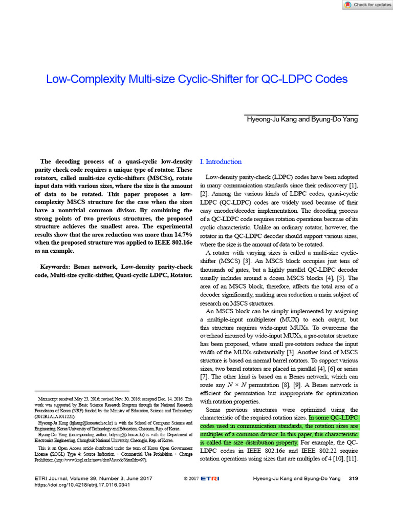 ETRI Journal - 2017 - Kang - Low‐Complexity Multi‐Size Cyclic‐Shifter for QC‐LDPC Codes | PDF ...