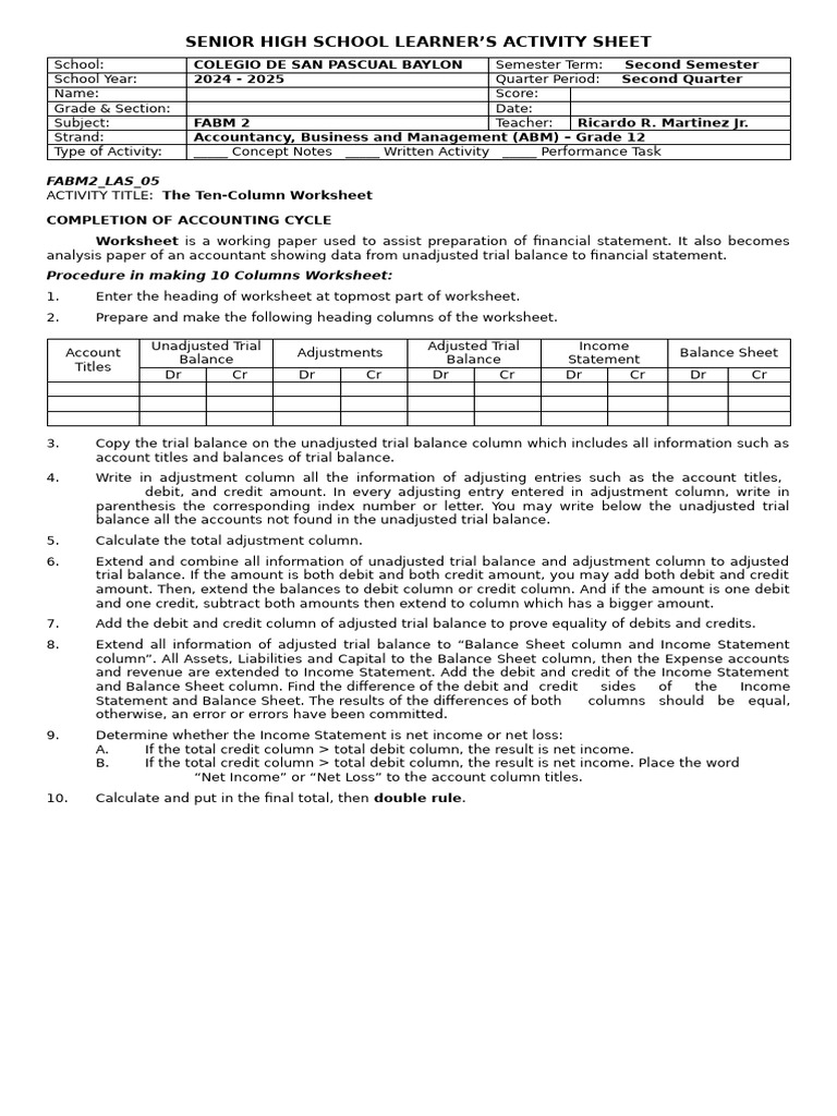 SHS LAS 5 10 Column Worksheet | PDF | Debits And Credits | Accounting