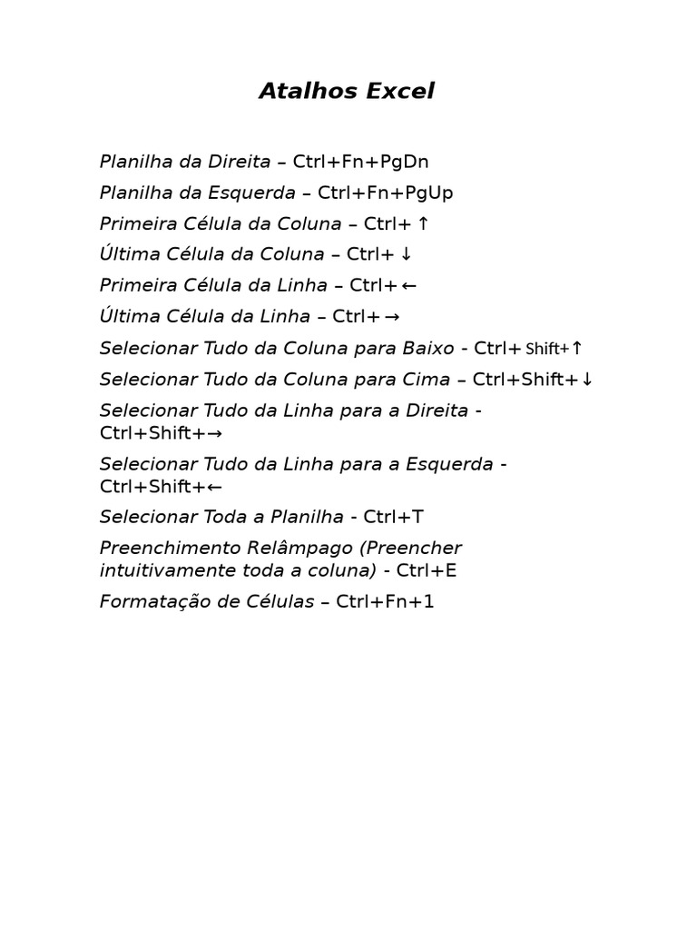 Atalhos Excel | PDF