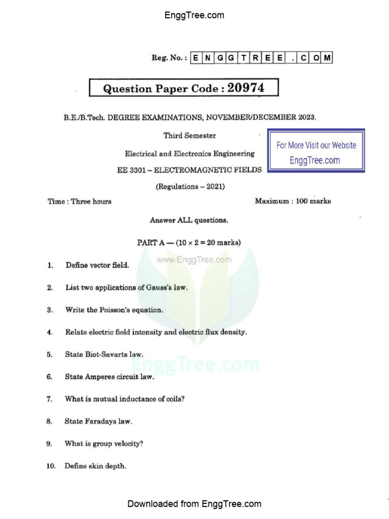 EE3301 Electromagnetic Fields Nov Dec 2023 Question Paper Download | PDF