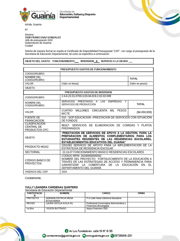 Solicitud de CDP 2024 | PDF | Presupuesto | Economias