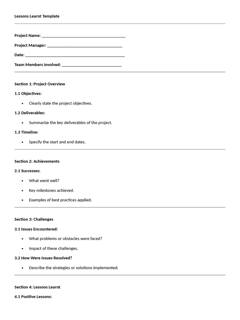 Project Management - Lessons Learnt Template | PDF